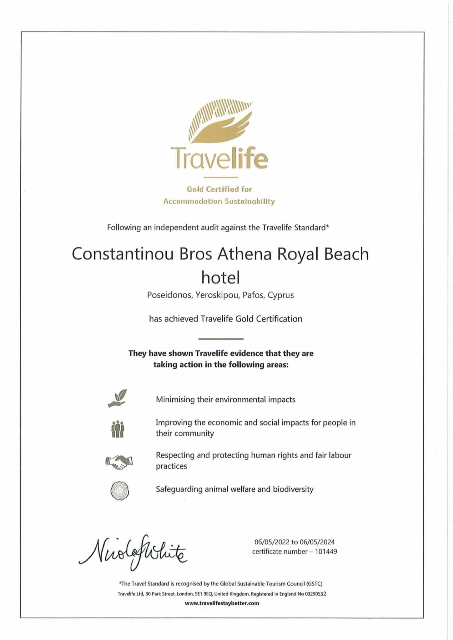 Travel Life Gold Certificate for Athena Royal Beach Hotel ...