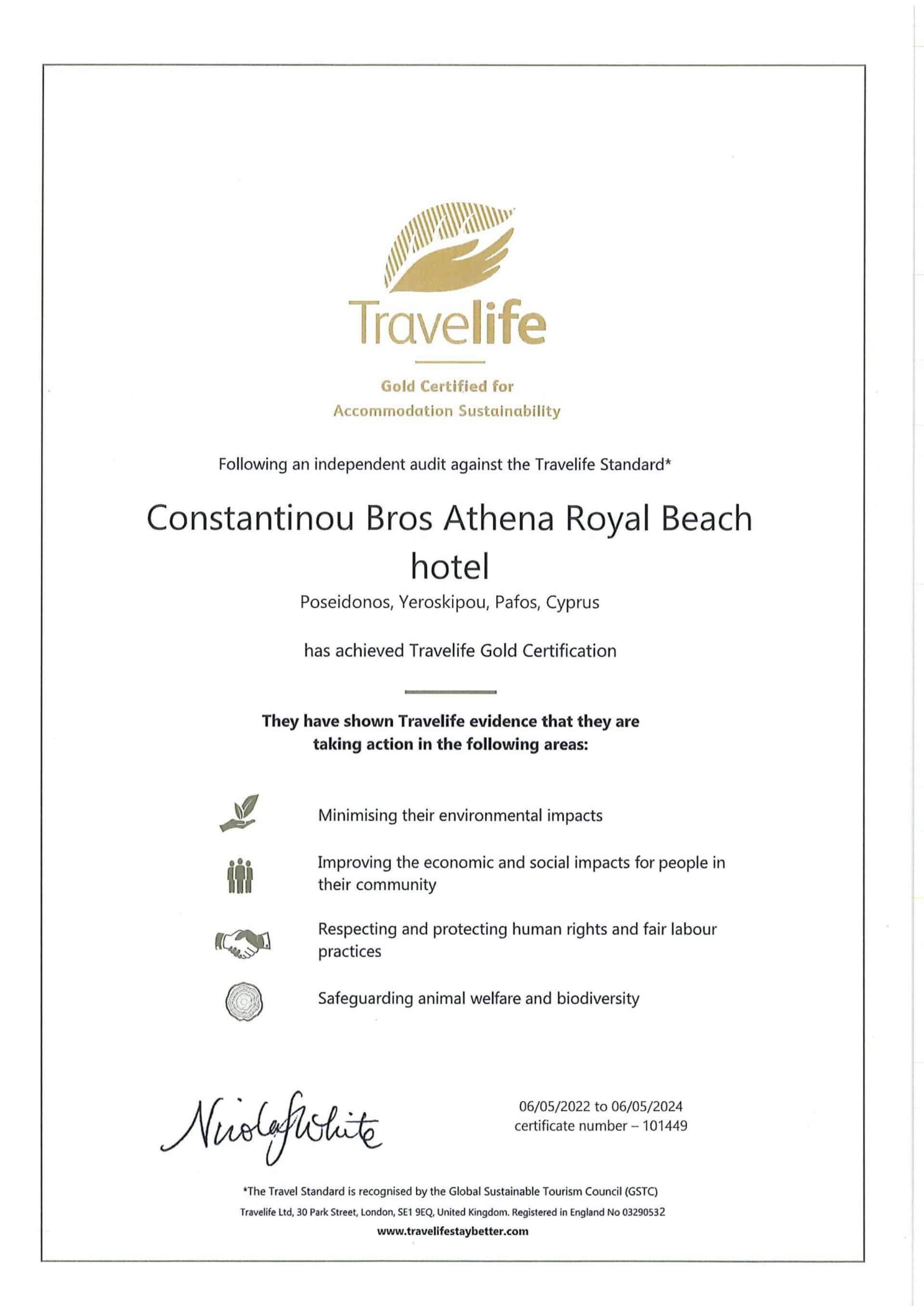 Travel Life Gold Certificate for Athena Royal Beach Hotel ...