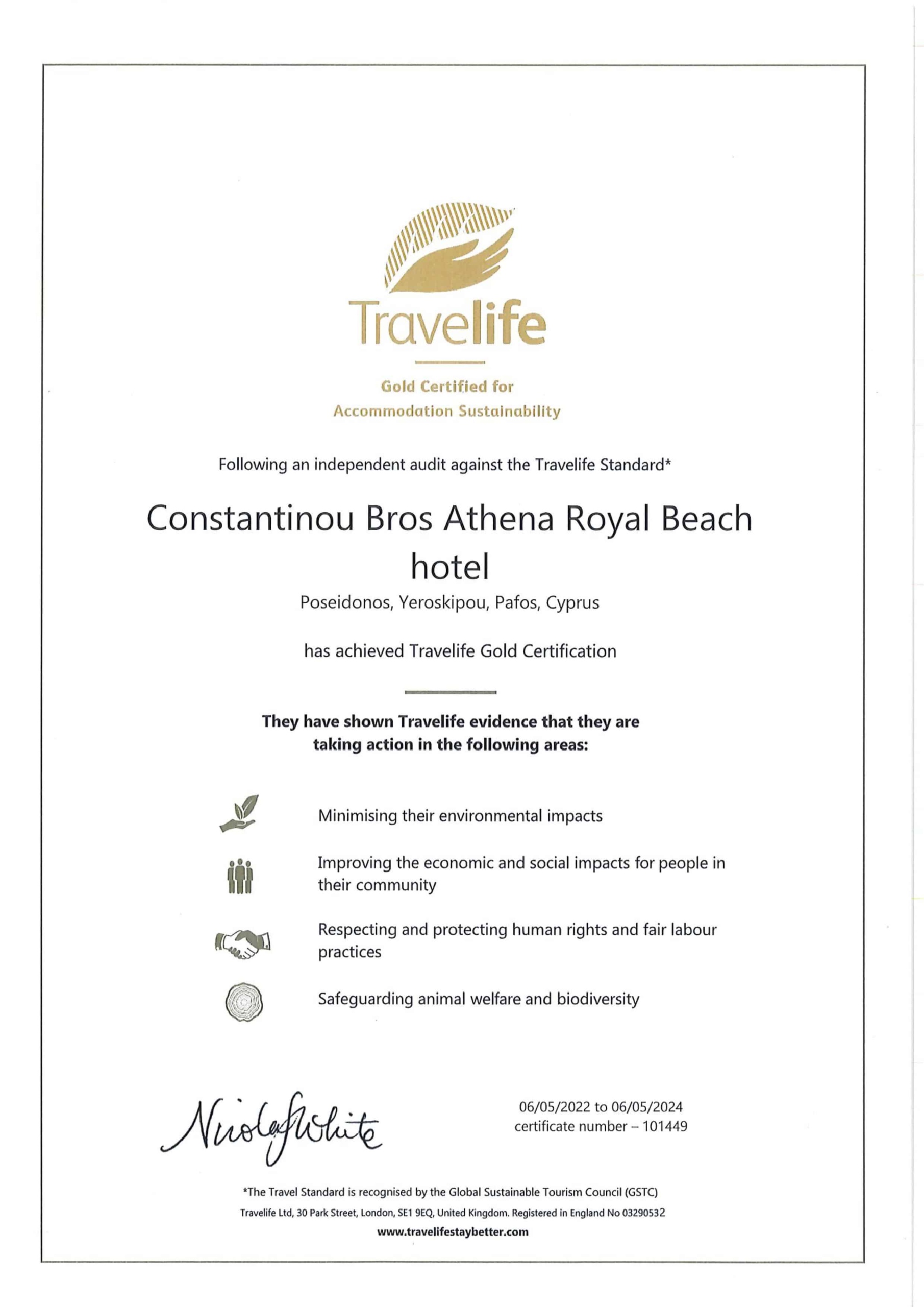 Travel Life Gold Certificate for Athena Royal Beach Hotel ...